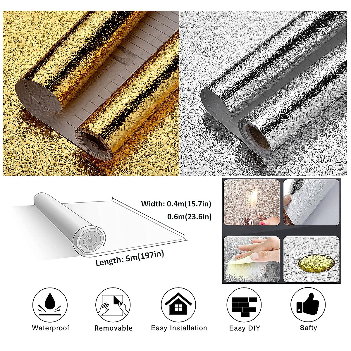 Kitchen Cabinet Oil Proof Wallpaper Stickers Kitchen Stickers Self Adhesive Kitchen Aluminum Foil Stickers Oil Proof Waterproof Kitchen Stove Sticker (A (23.6 in*197 in))