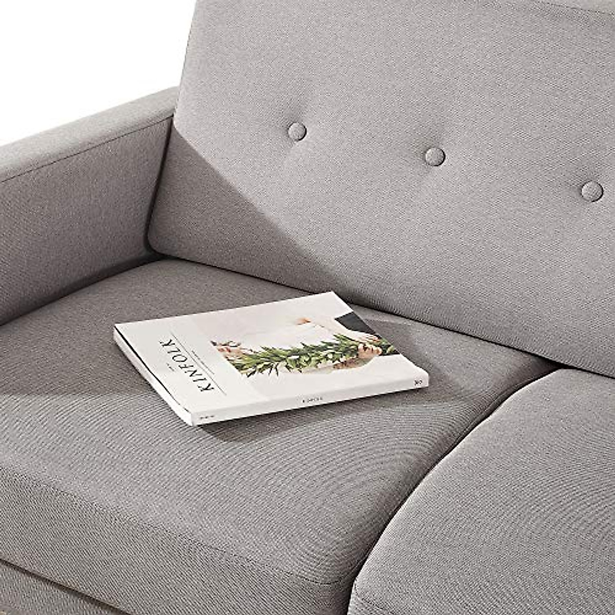 Mellow Adair Mid-Century Modern Loveseat/Sofa/Couch with Armrest Pockets, Tufted Linen Fabric, Light Grey