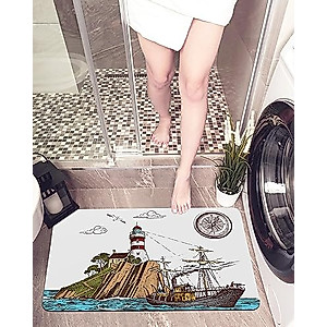 Light-house Bath Mat for Tub,Non Slip Bathroom Floor Runner Rug Quick Dry & Absorbent Diatomaceous Earth Shower Sink Kitchen Living Room Washable Doormat,Retro Sailboat Ocean Coastal Nautical 16"x24"