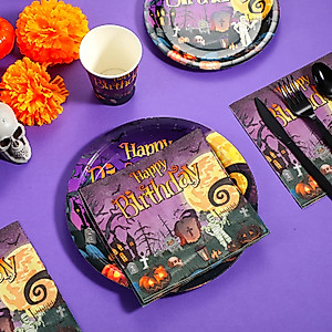 Halloween Party Supplies, Halloween Birthday Plates and Napkins Set, Disposable Paper Plates Napkins Cups Knives Spoons Forks for Kids Boy Girl Halloween Theme Birthday Party Decorations, Serve 25