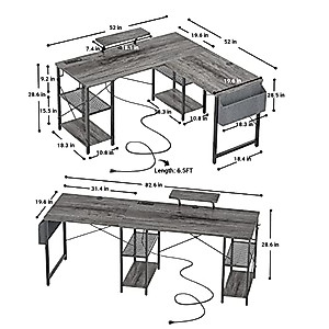 Aheaplus L Shaped Desk with Outlet and USB Charging Ports, L-Shaped Desk with Storage Shelves Reversible Corner Computer Desk 2 Person Long Table with Monitor Stand Gaming Home Office Desk, Oak