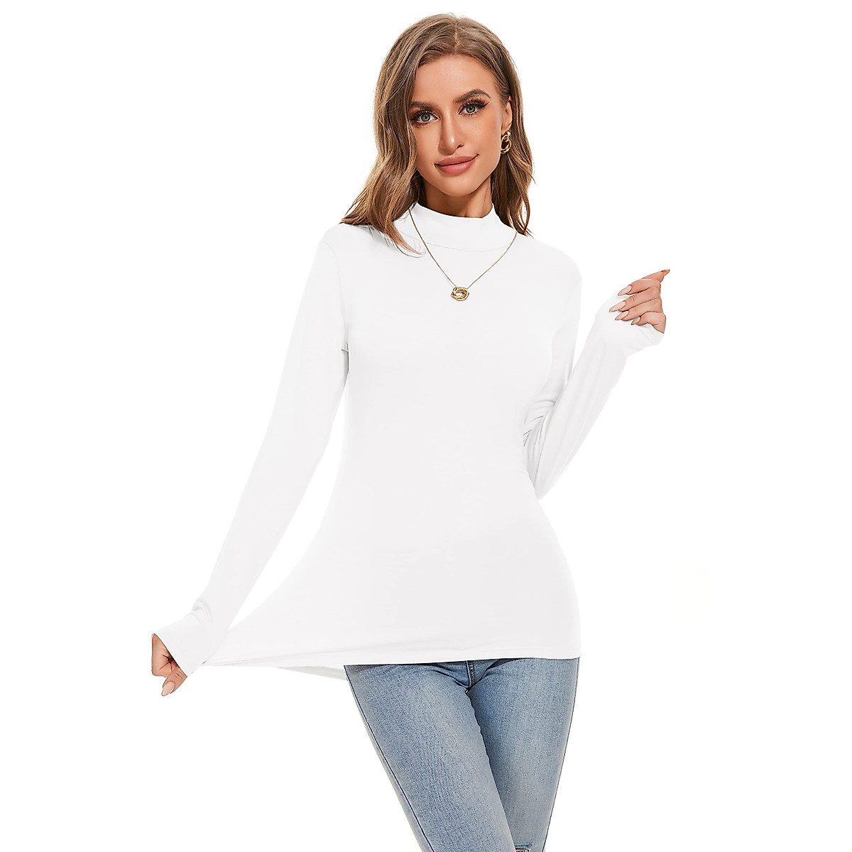 Women's Long Sleeve Turtleneck Layering Tops Classic Mock Neck Slim Fitted Undershirts White X-Large