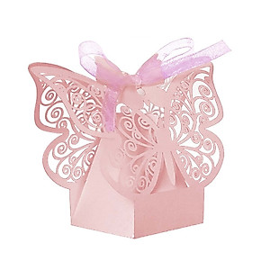 JANOU 24pcs Butterfly Candy Boxes Laser Cut DIY Paper Box with Ribbons for Wedding Bridal Birthday Baby Shower Party Suppliers (Pink)
