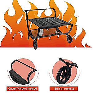 HARBOURSIDE Patio 27 Inch Fire Pits Outdoor Wood Burning with Wheels, Steel Square Firepit with Grill, Grate, Spark Screen, Fire Poker, Portable Fire Pit for Outside Fireplace