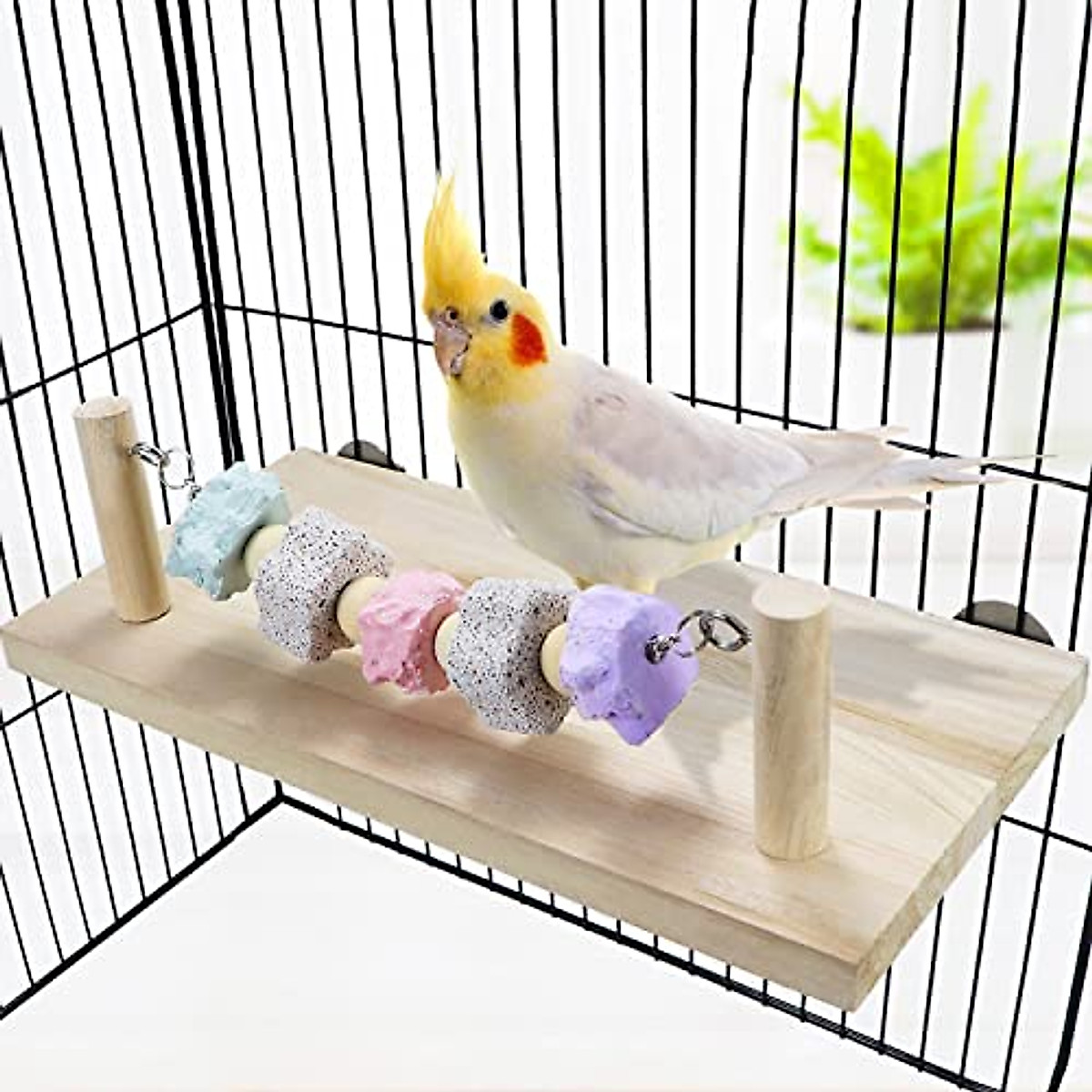 Pet Wood Perch Platform Springboard with Mineral Stone Molar Toy for ...