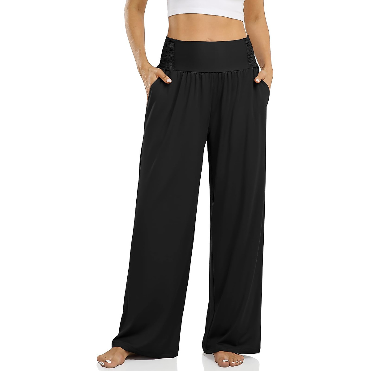 UEU Women's Wide Leg Pants Elastic High Waisted Travel Lounge Yoga Palazzo Pants with Pockets, Black, X-Large