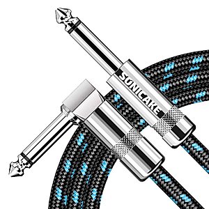 SONICAKE Guitar Cable 10ft Guitar Amp Cord Instrument Cable for Bass Electric Guitar Mandolin Amplifier Audio 1/4 Right Angle to Straight Black Blue (Black+Blue)