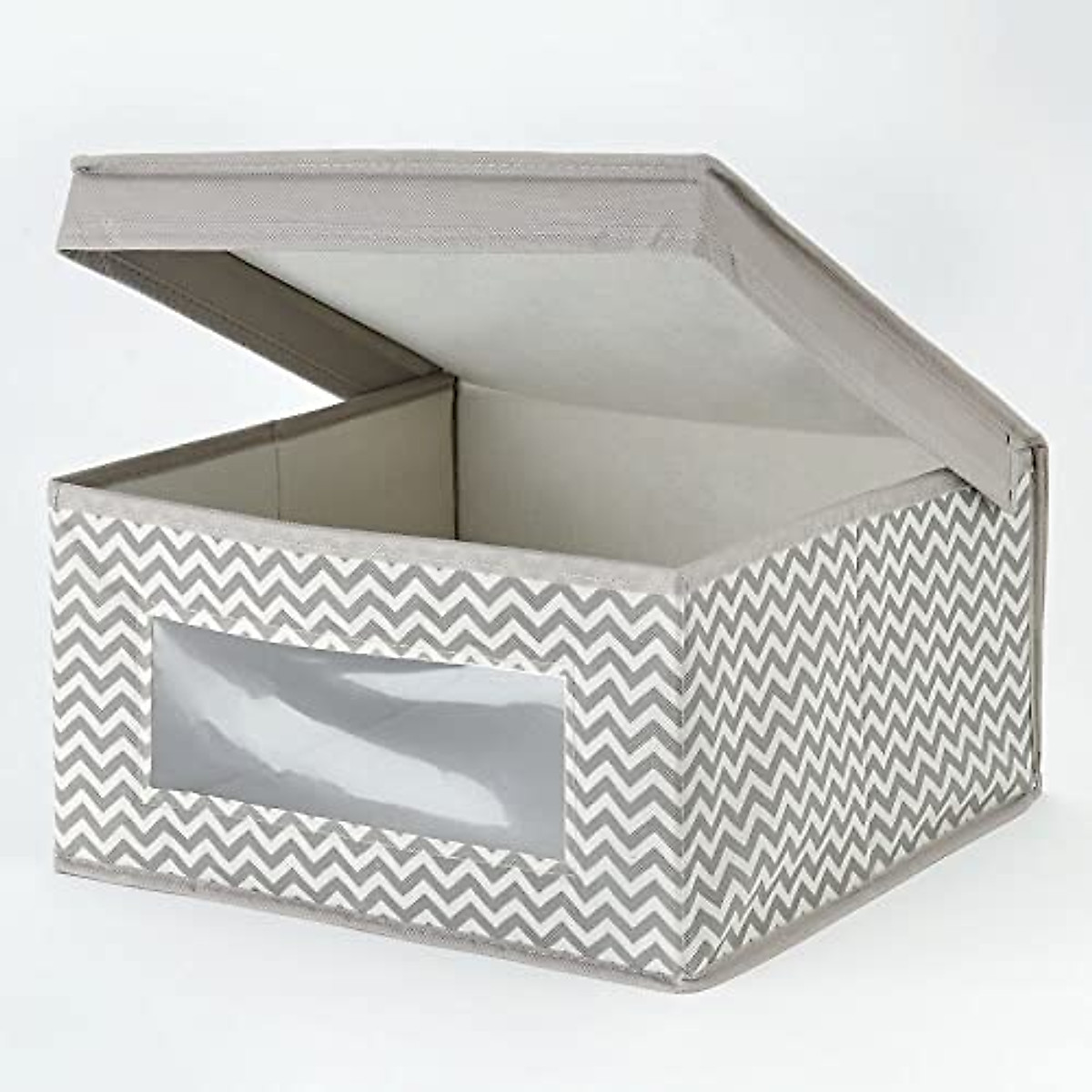 mDesign Medium Fabric Stackable Closet Storage Organizer Box, Front Window/Lid - Bedroom, Office, Mudroom Organization, Hold Clothes, Blankets, Linens, Spira Collection, 4 Pack, Taupe/Natural Chevron