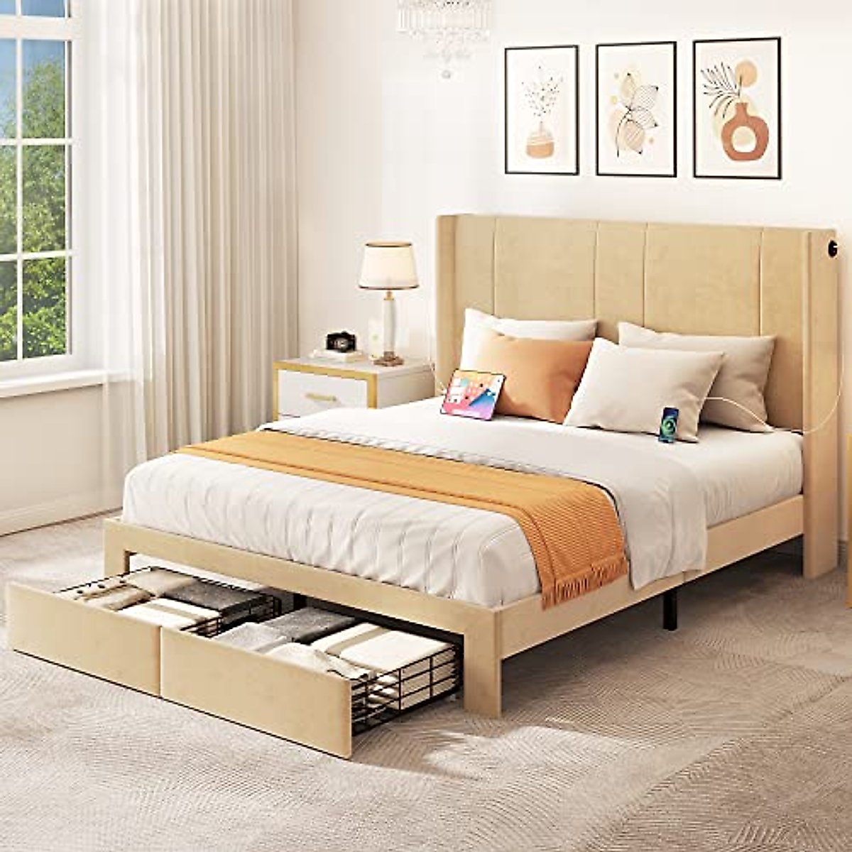 YITAHOME Queen Size Bed Frame, Platform Bed Frame with Storage Drawers, Upholstered Bed Frame with Headboard Built-in 2 USB Charging Stations and Strong Wood Slats Support, No Box Spring Needed, Beige
