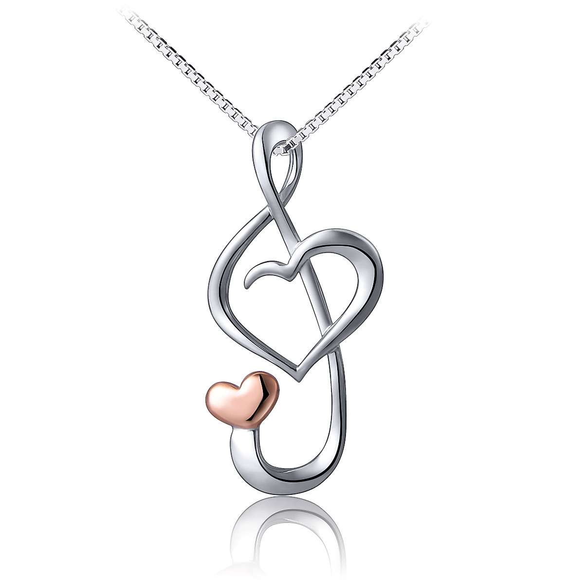 DAOCHONG S925 Sterling Silver Musical Note Treble Love Heart Pendant Necklace, Box Chain 18 inches