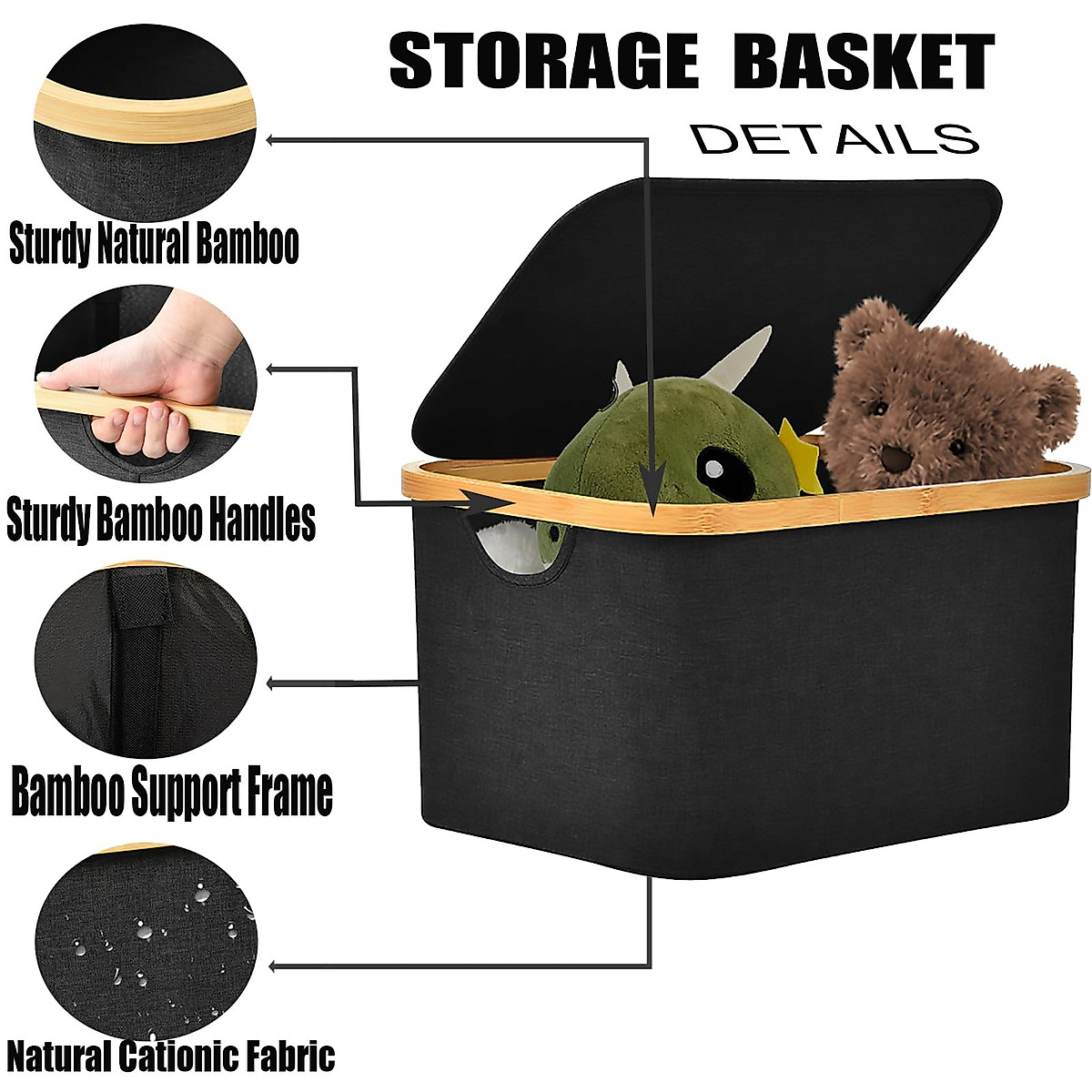 Fabric Storage Basket for Shelves, Black Storage Basket with Bamboo Handles, Collapsible Storage Bins, Rectangle Closet Baskets, Wardrobe Organiser, for Sorting Clothes, Family Items (with lid)