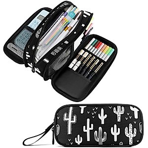 Fustylead Black and White Fun Western Cactus Pencil Pen Case with 3 Compartments, Lightweight & Spacious Stationery Bag Cosmetics Bag