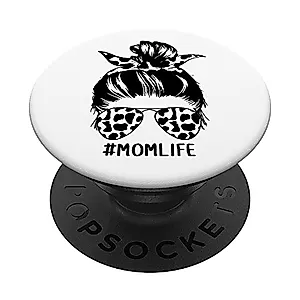 Cow Print Messy Bun Mom Life Mama Cow Black White Animal PopSockets Swappable PopGrip