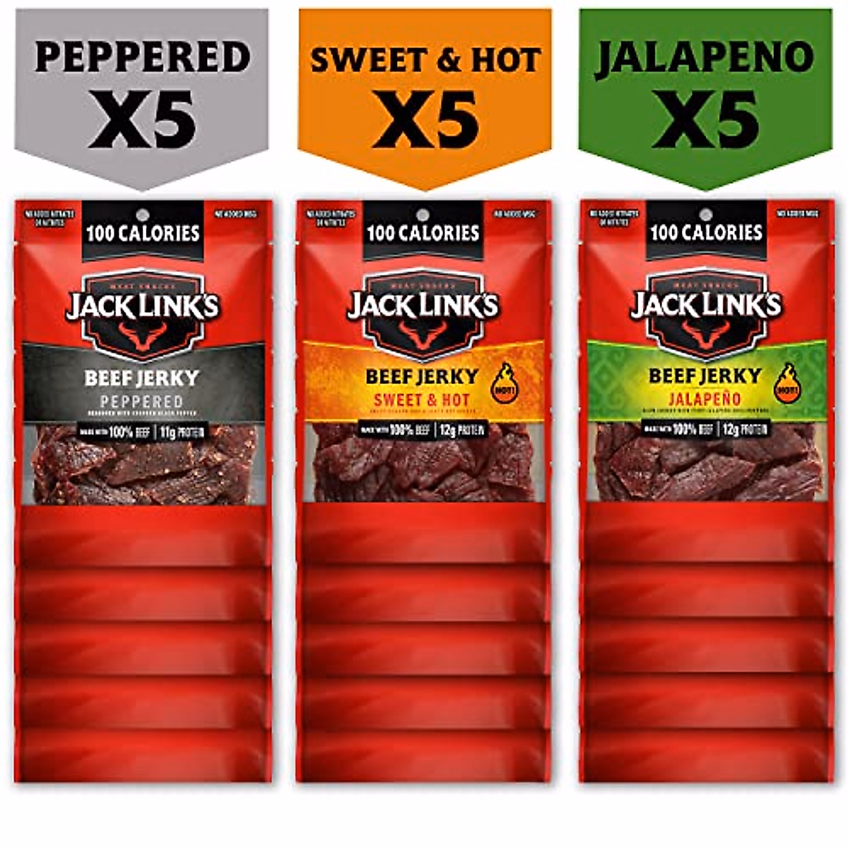Jack Link’s Beef Jerky Bold Variety Pack – Includes Sweet & Hot, Jalapeno and Peppered Beef Jerky, Great Lunch Box Snack, Good Source of Protein – Pack of 15, 1.25 Oz Bags