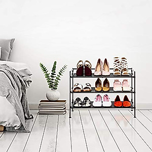 Seville Classics Sturdy Freestanding Storage Shelf for Bedroom, Closet, Entryway, Dorm Room Organizer, Stackable Durable Metal Shoe Rack, Ash Gray Slat, 3-Tier