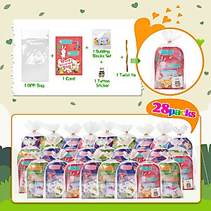 Valentines Day Gifts for Kids Classroom-28 Packs Animal Building Blocks with Kids Valentines Day Cards for School & Stickers, Class Valentines Gifts Boxes for Kids Boys Girls Party Favors Exchange