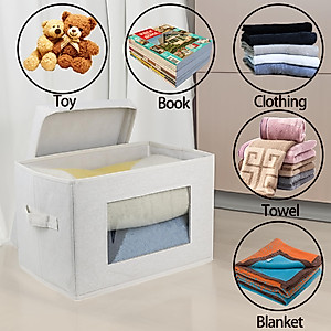 3 Pcs Collapsible Storage Bins with Lids Fabric Foldable Storage Bin - White & Light Gray Cube Basket Organizer 22 Quart Clothes Blanket Storage Box for Home Office Bedroom Closet Wardrobe