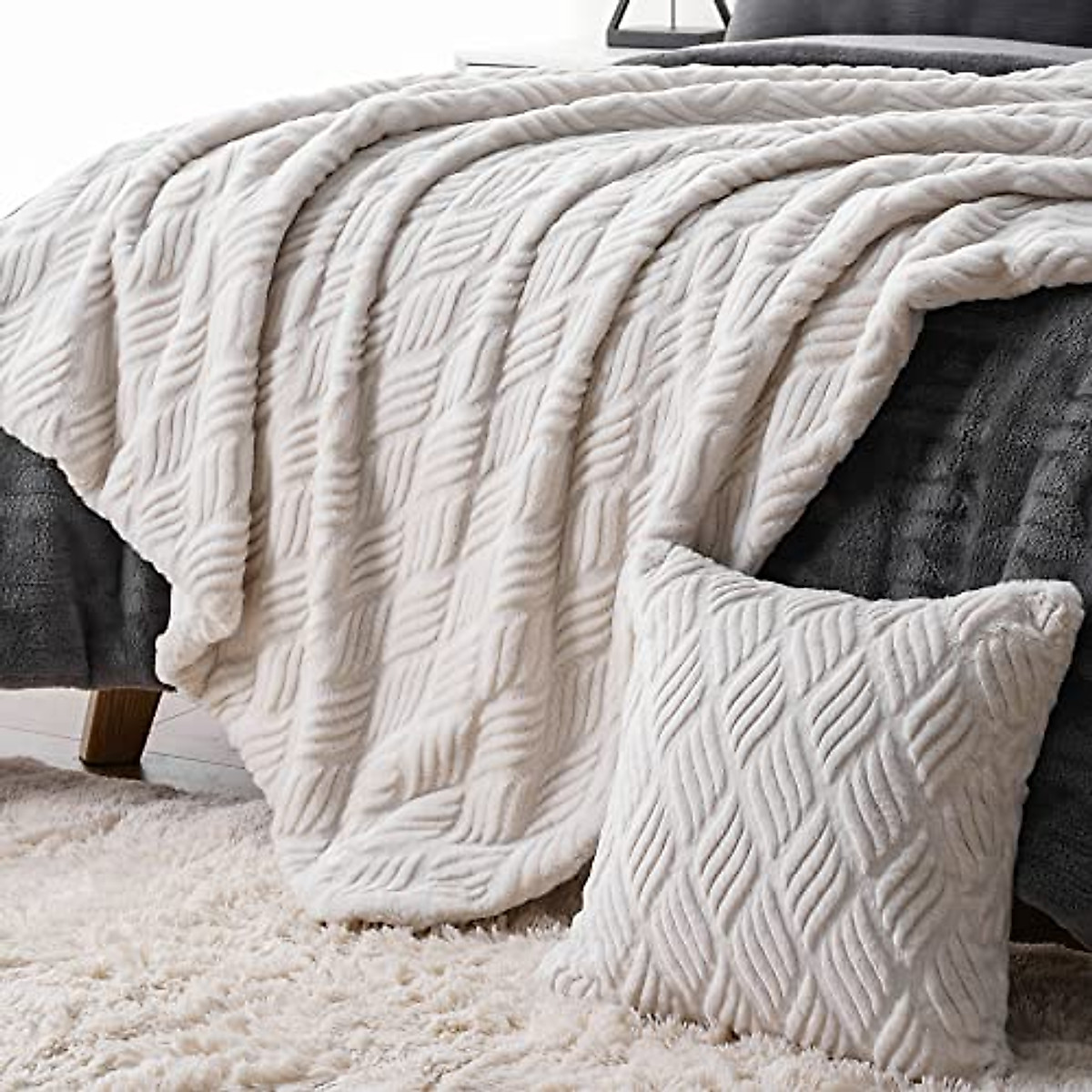 BATTILO HOME White Cream Faux Fur Throw Blanket for Couch, Soft Couch Blanket Cozy Fur Blanket Throw 50"x60", with 1 Fur Pillow Cover 18"x18",Ivory