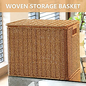 Zerodeko Baskets Woven Basket Wicker Basket Organizer with Lid Handwoven Seagrass Storage Bins Box Rectangular Plastic Basket Storage Organizer Wicker Basket for Home Office Shelf Storage Basket