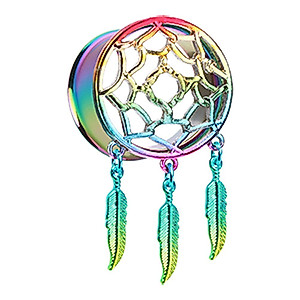 Covet Jewelry Rainbow Dreamcatcher Feather Dangle Ear Gauge Plug (00 GA (10mm))
