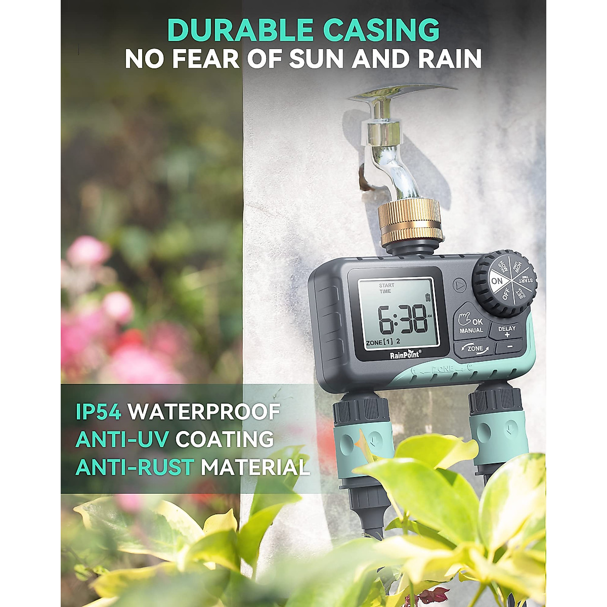 RAINPOINT Water Timer for Garden Hose - Sprinkler Timer with Brass Swivel - Rain Delay/Manual Watering/Automatic Irrigation Controller System Hose Timer Programmable Faucet Timer for Yard, 2 Outlet