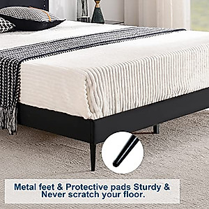 AsKmore Queen Size Bed Frame,Velvet Upholstered Platform Bed with Decorative Line & Nailhead Trim Headboard with Wood Slat Support,No Box Spring Needed，Easy Assembly, Black