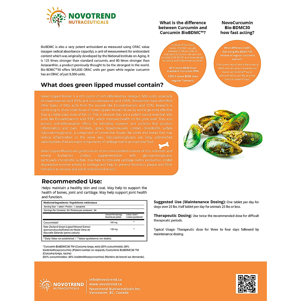 NovoCurcumin Pet+ BioBDMC30 Bone & Joint - Skin & Coat Formula - 90 Chewable Tablets