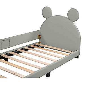Merax Cute Kids Wood Twin Day Bed with Mouse Ears Headboard, Low Platform Bed Frame for Boys,Girls, No Box Spring Need (Twin, Grey)