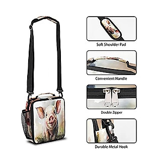 cfpolar Insulated Lunch Bag, Retro Cute Piggy Lunch Box Wide Opened Tote Reusable Lunch Container Organizer Thermal Cooler Bag with Shoulder Strap for School Office Picnic Hiking Beach Fishing