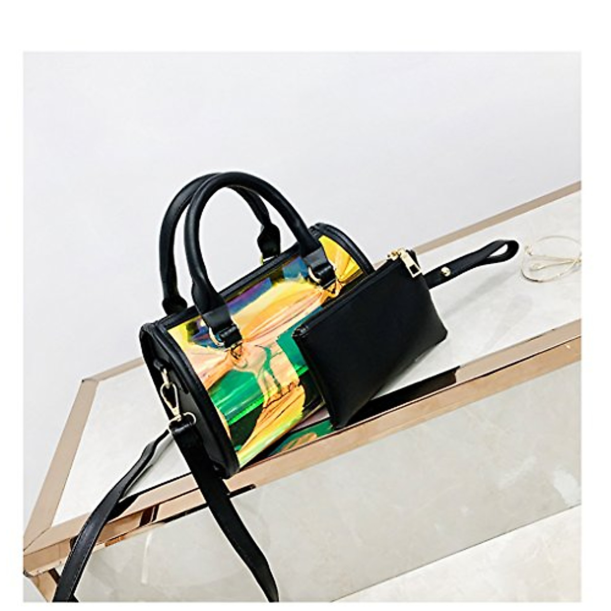 Holographic Transparent Crossbody Purse Iridescent Tote Bag Crossover Purse for Women (Black)