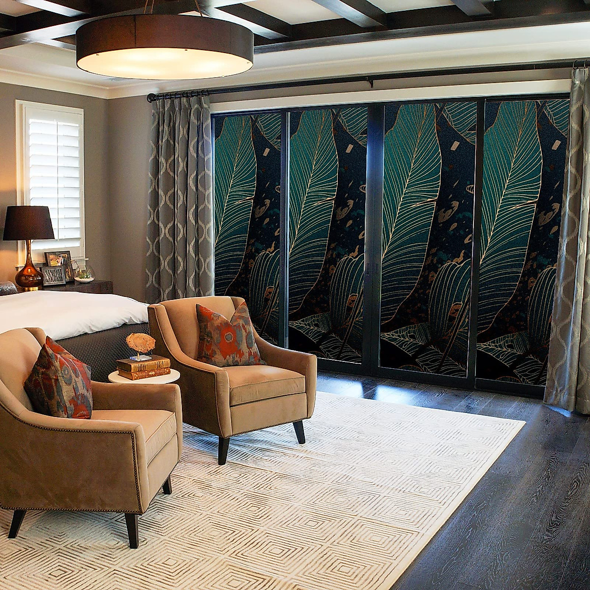 BoeHiop Window Privacy Film, Luxury Gold Green Palm Leaves Frosted Window Clings, Decorative Glass Covering Decals, Non-Adhesive Vinyl, 17.7 x 23.6 in