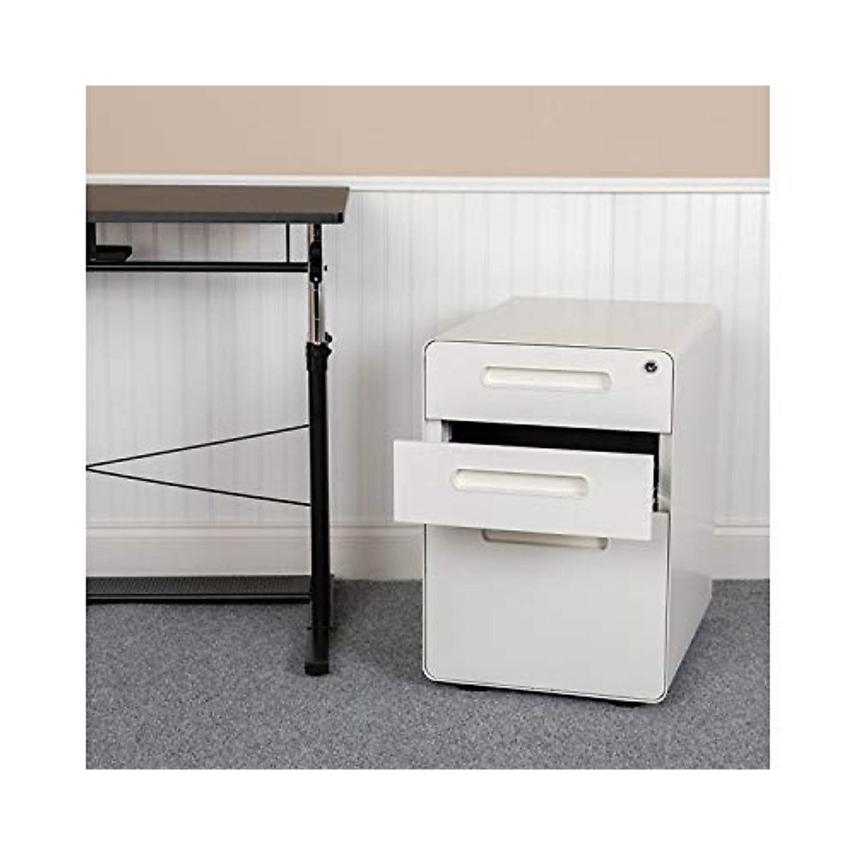 Flash Furniture Wren Ergonomic 3-Drawer Mobile Locking Filing Cabinet with Anti-Tilt Mechanism and Hanging Drawer for Legal & Letter Files, White