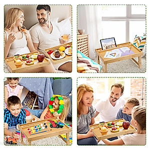 Moretoes 2pcs Bed Tray Table for Eating, Bamboo Breakfast Food Tray with Adjustable Folding Legs and Phone Holders for Sofa Laptop Desk Snack Tray