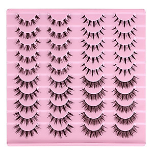 Manga Lashes Natural Look Anime False Eyelashes 20 Pairs Clear Band Individual Wispy Fake Eyelashes Strip Spiky DIY Cluster Lashes Extension C Curl Cat Eye Lashes Pack