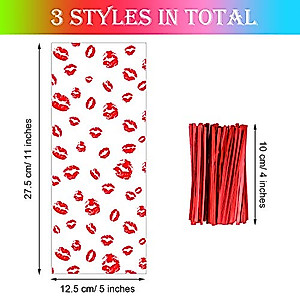 150 Pieces Valentine Cellophane Bags Treat Bags Goodies Bags Candy Bags with 150 Pieces Twist Ties for Valentine's Day Party Favor Supplies (Lip, Rose and Happy Valentine's Day Design)