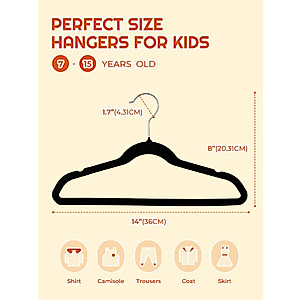HOUSE DAY Kids Velvet Hangers 50 Pack, Durable Big Kids Hangers 14 Inch Hangers for Youth, Non Slip Kids Felt Hangers, Cute Childrens Hangers for Closet, Kids Black Hangers
