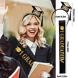 BASEMMAHER Graduation Headband and Shoulder Straps for Congrats Grad Party Supplies Bachelor Cap Headband with Doctoral Hat Black Sash Satin Tassels Tiaras for Graduation Party Dress up Favor Photo