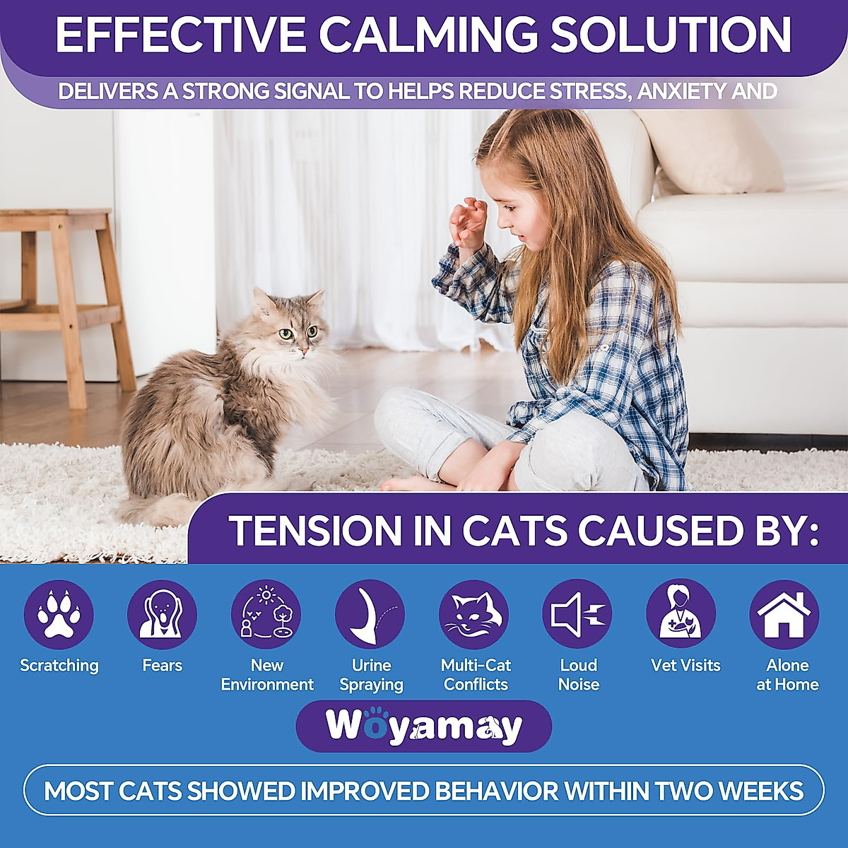 Woyamay Cat Calming Diffuser Kit - 3-in-1 Cat Pheromone Diffuser for Anxiety & Stress Relief-Includes 1 Diffuser and 2 Refill Vials (48ml Each)-Provides 60 Days of Comfort and Relaxation for Your Cat
