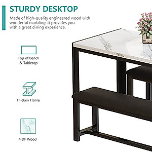 Recaceik Dining Table Set for 4, Kitchen Table and Chairs for 4, Faux Marble Dining Room Table with 2 Benches, Space Saving Dining Table and Upholstered PU Leather Bench for Small Spaces, White