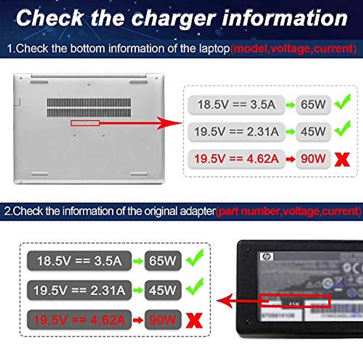 65W 18.5V 3.5A HP 2000 Laptop Charger Replacement for HP Pavilion DV7 DV6 G6 G7 DV5 DV4 DM4 G62 G72 AC Adapter Power Supply Cord