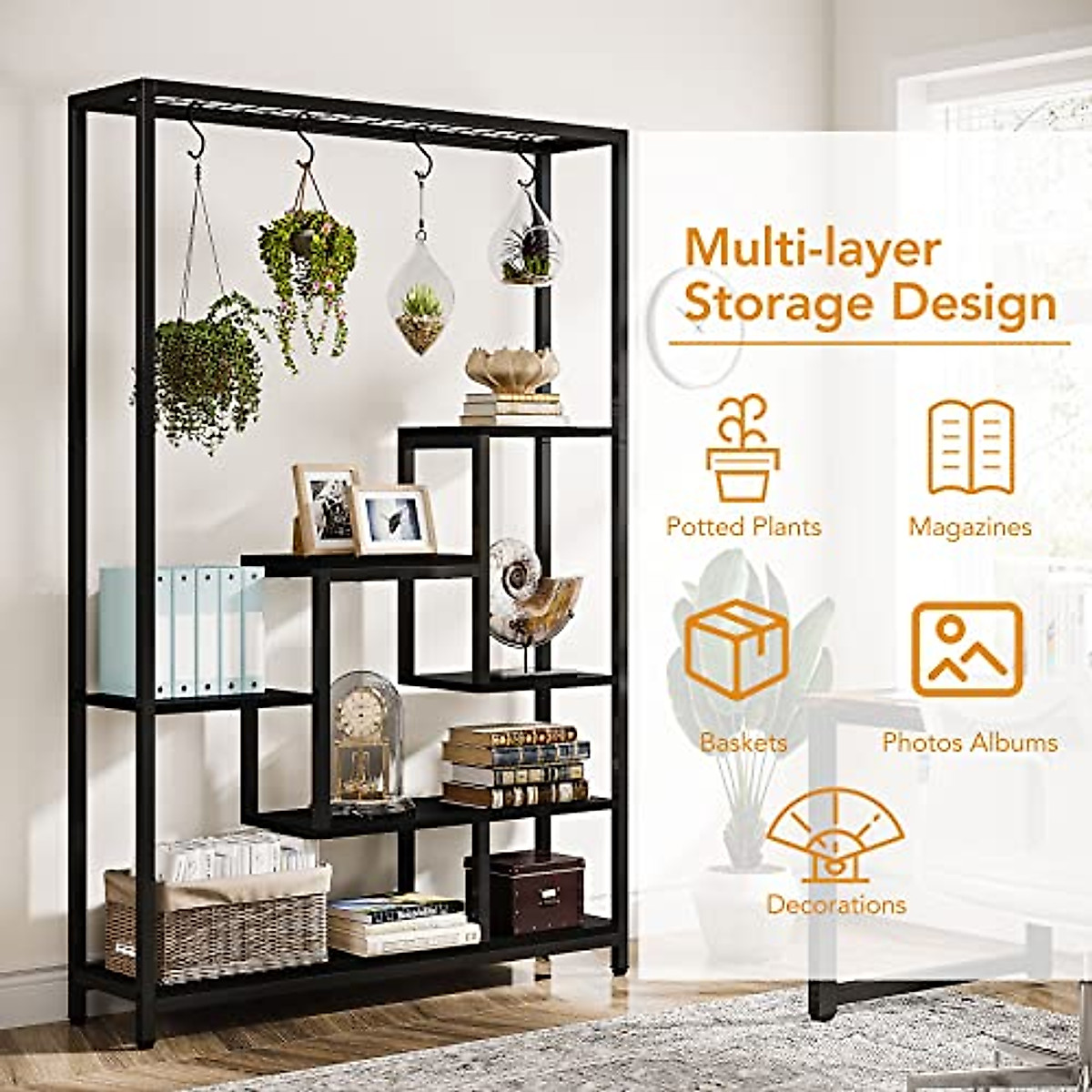 Tribesigns 5-Tier Tall Indoor Plant Stand, 70.9 inches Large Metal Plant Shelf with 6PC S Hanging Hooks, Multi-Purpose Flower Bonsai Pots Display Rack for Indoor, Garden, Balcony, Living Room, Black