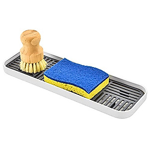 SUBEKYU Kitchen Soap Tray, Double Layer Sink Organizer for Kitchen Counter/Bathroom, Soap and Sponge Holder with Detachable Drain Tray, Grey+White, 1 Pack