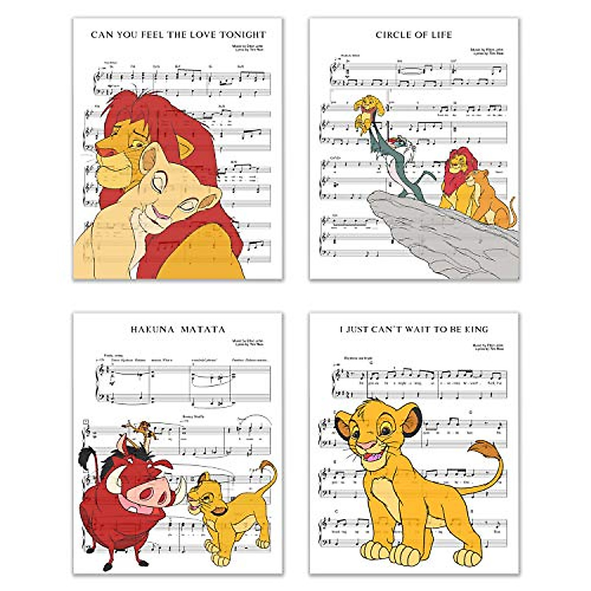 Lion King Song Photos - Set of 4 (8 inches x 10 inches) Music Sheet Poster Prints - Simba Nala Pumbaa Timon