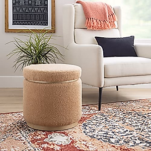 Linon Lexington Tan Sherpa Round Storage Ottoman with Wood Accent