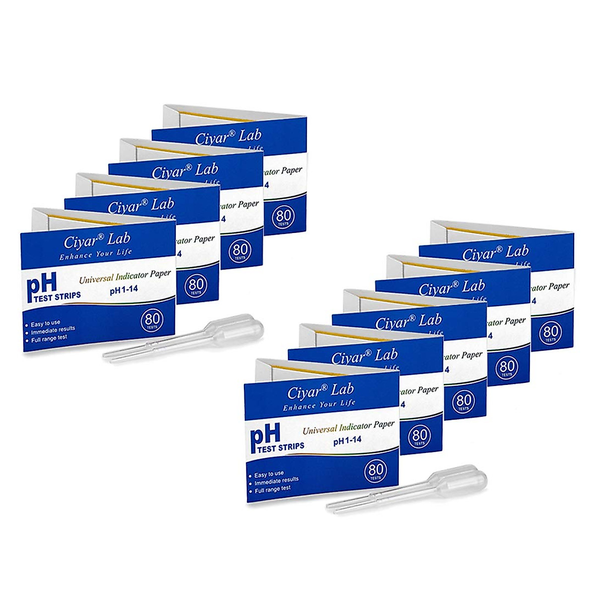 Ciyar Litmus pH Test Strips Universal Application Indicator Paper, pH Value Testing Kit Extensive Range of 1-14, Bonus 2 Plastic Eye Droppers, 720ct / 9 Pack