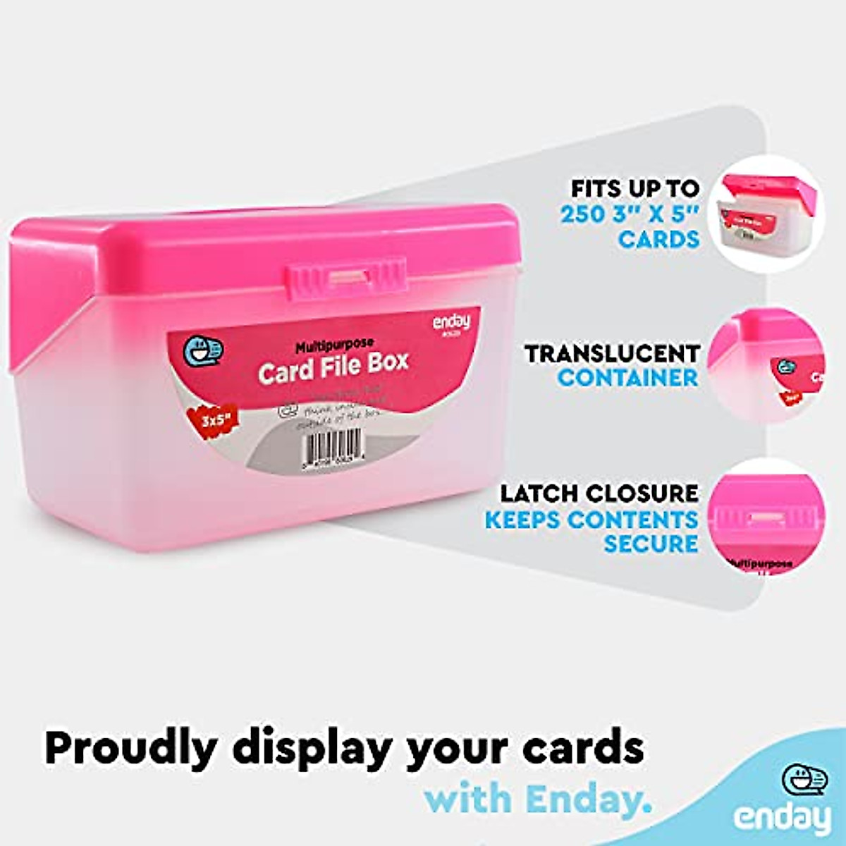 Index Card Holder Pink, 3x5 Note Flash Card Organizer Case, Index Card File w/ flip top, Notecard Recipe, Holder, Holds 250 Cards, Also Available in Purple, Red, Green, Blue, Grey (1 PC) - By Enday