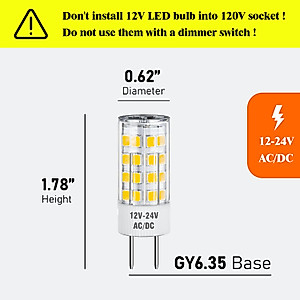 Maelsrlg GY6.35 LED Bulb, 4W(50W Equivalent), 12V-24V AC/DC, Warm White 3000K, 500 Lumens, T4 Type GY6.35 Bi-Pin Base Light Bulbs for Landscape Lighting, Pendant Light, Non-Dimmable, Pack of 5