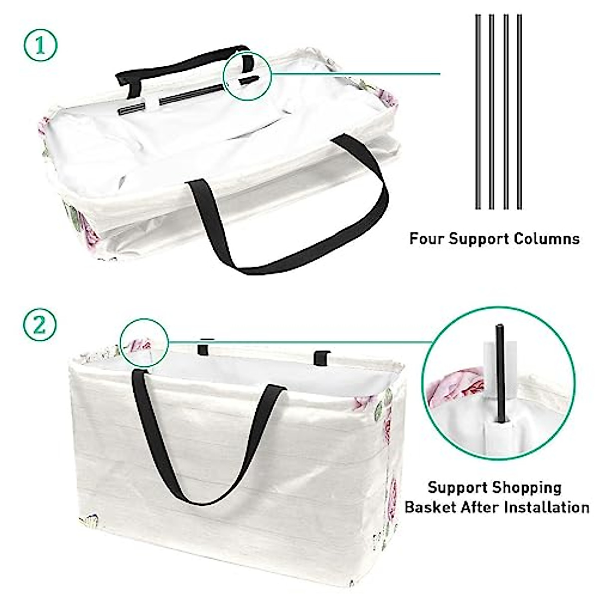 KQNZT Reusable Grocery Bags, Large Foldable Reusable Shopping Tote Bags Bulk for Groceries, Waterproof Kitchen Cloth Produce Bags with Long Handles, Pink Rose Flower Wooden Board