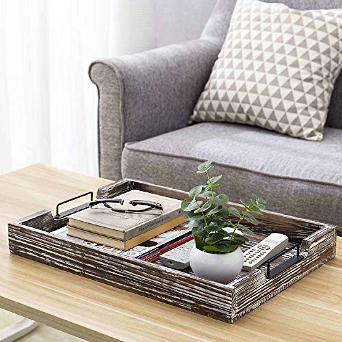 MyGift Torched Wood Large Serving Tray with Handles, 20 x 14 Ottoman Tray, Breakfast, Coffee Server Tray