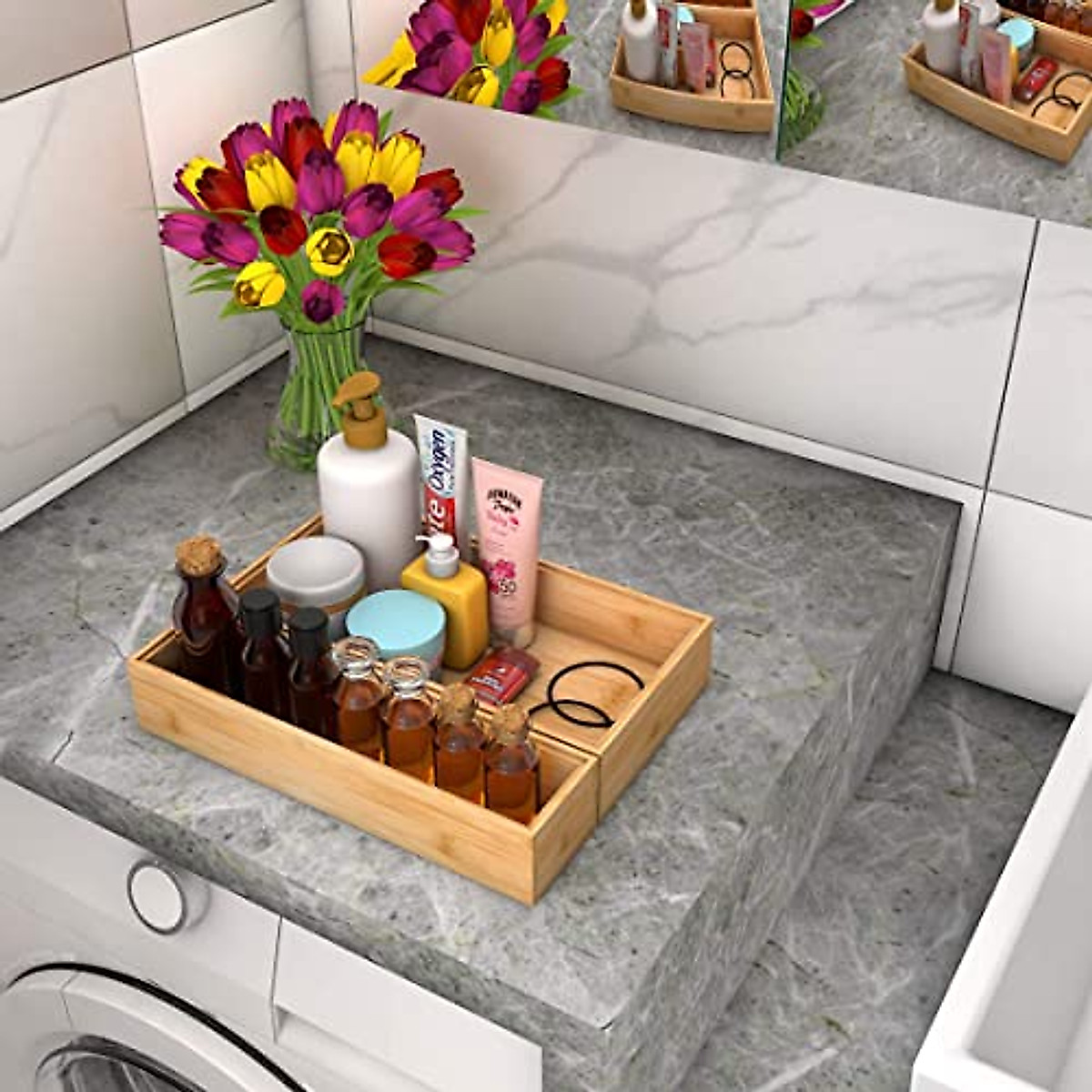 Drawer Organizer Bamboo Storage Box - Kitchen Bathroom Desk Wood Stackable Tray 12x3x2.5inch